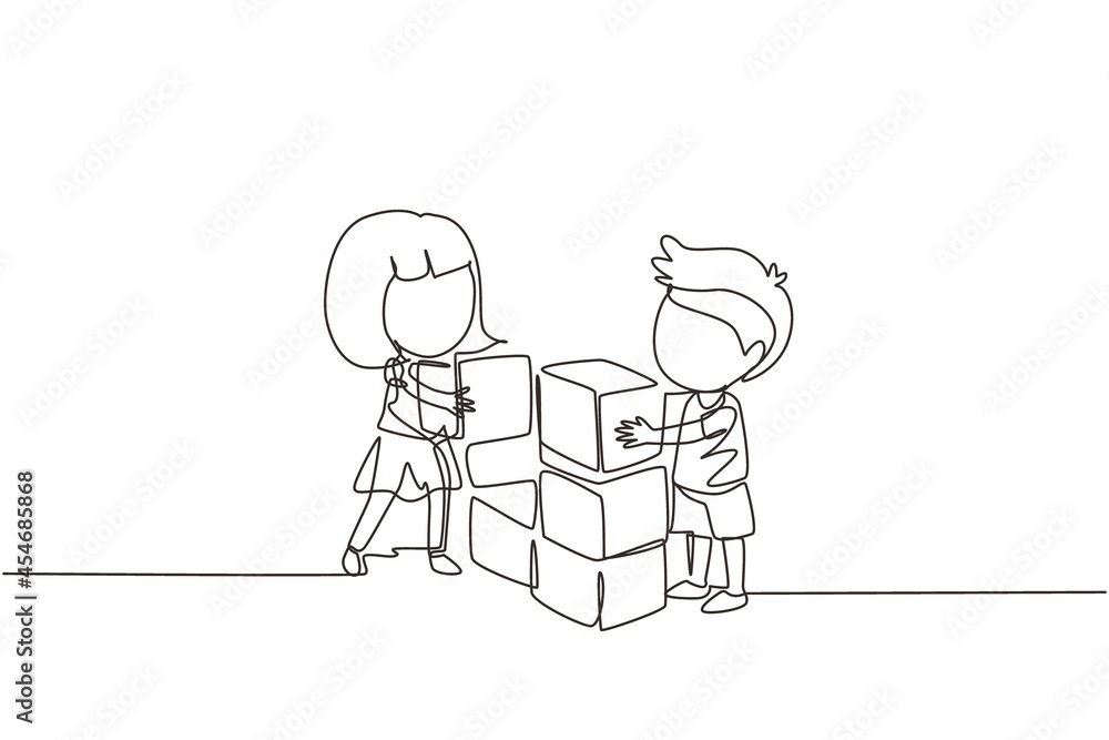 Single one line drawing little boy and girl playing blocks cube toys ...