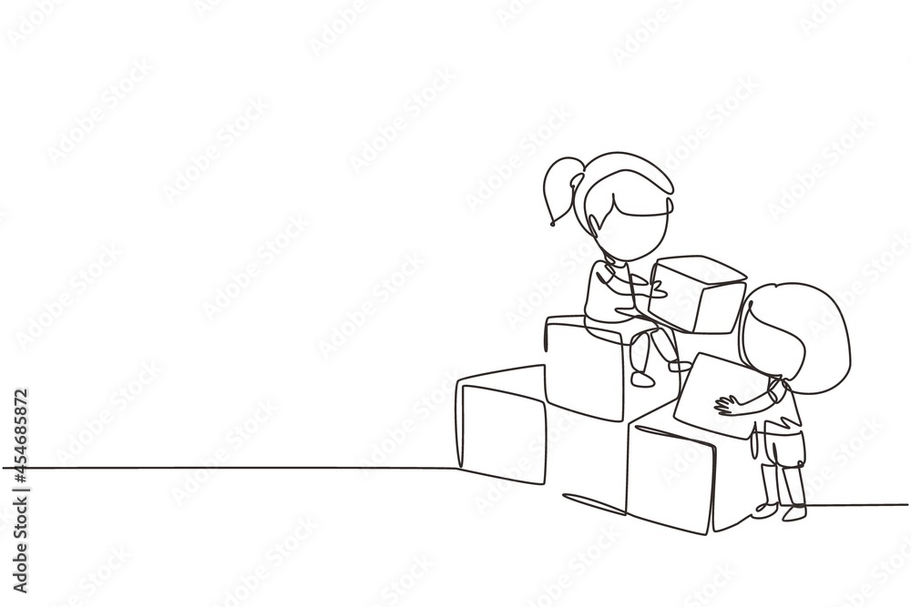 Continuous one line drawing two little girls playing blocks cube toys ...
