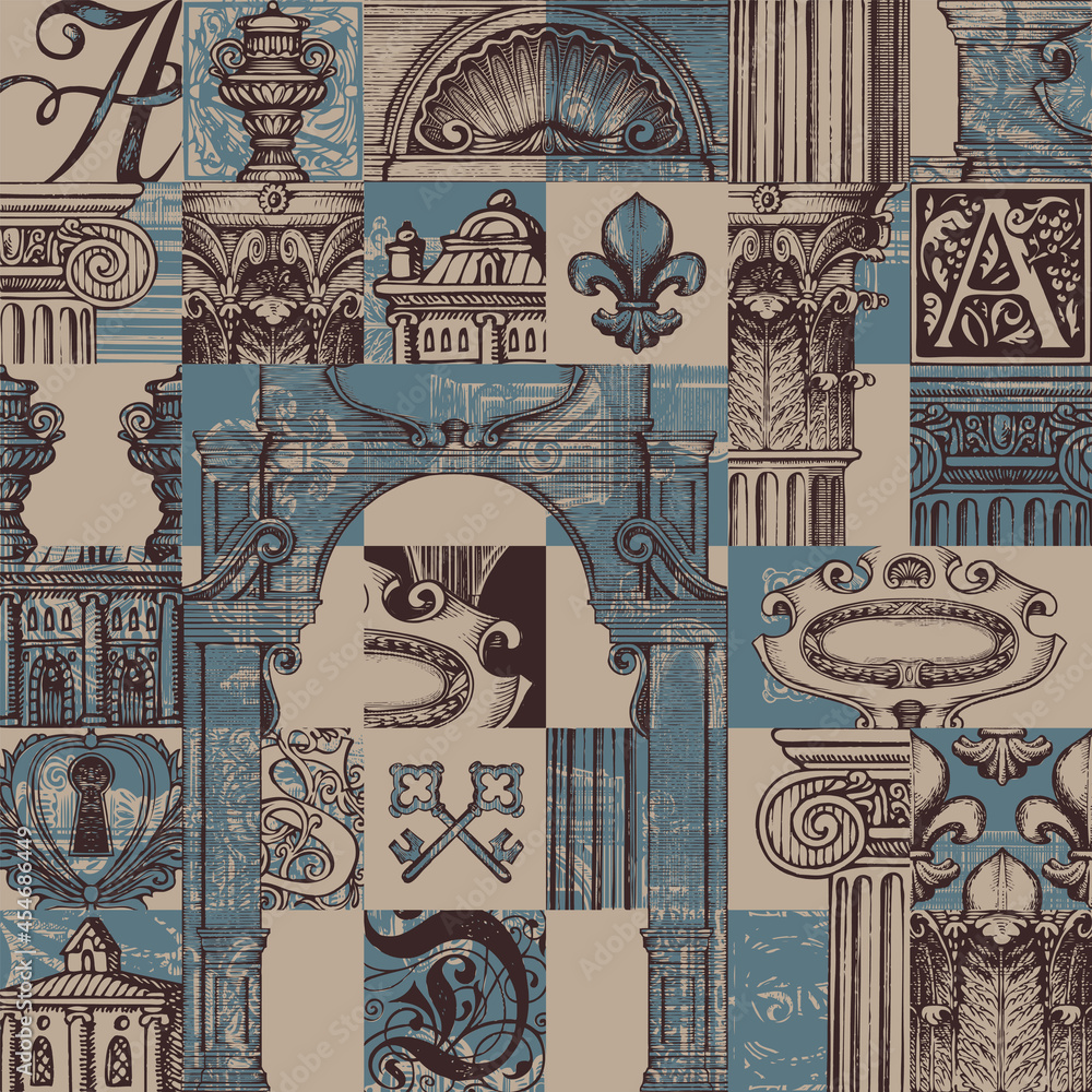 Abstract seamless pattern on theme of ancient architecture and art ...