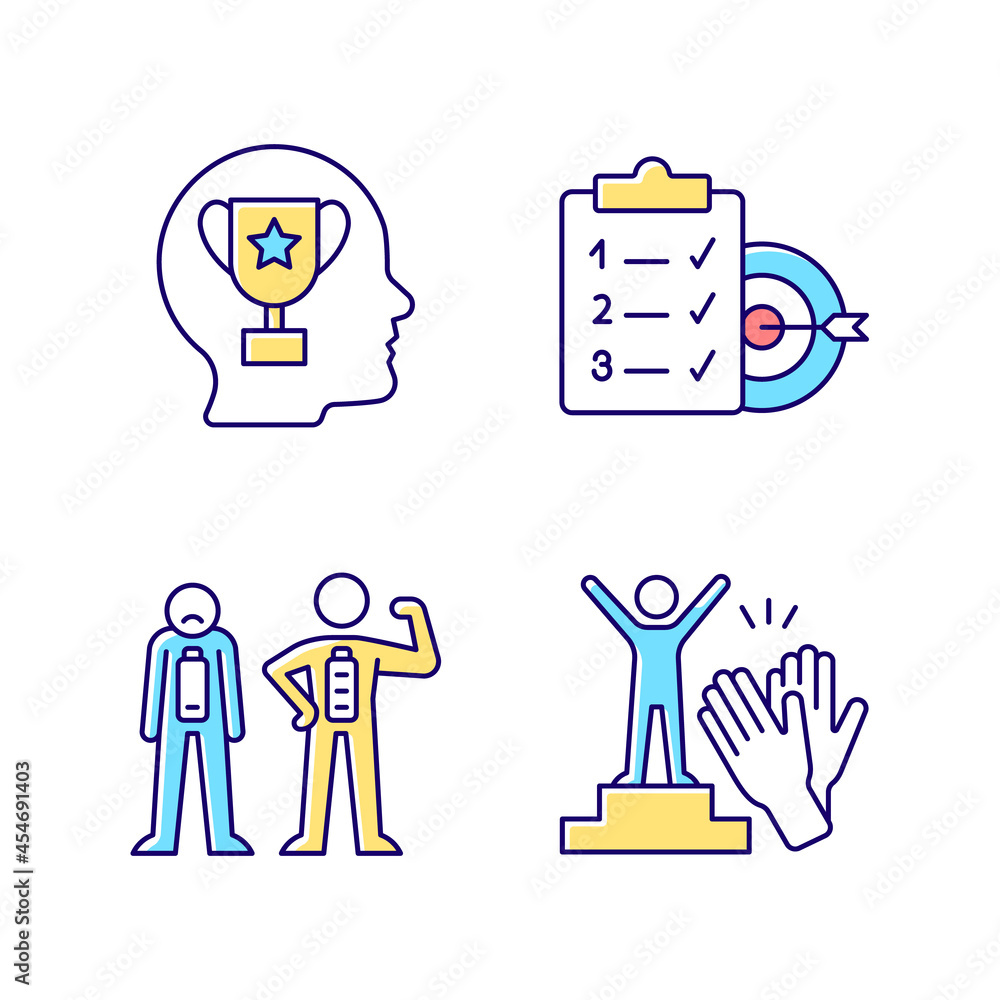 Intrinsic motivation RGB color icons set. Better emotional state when ...