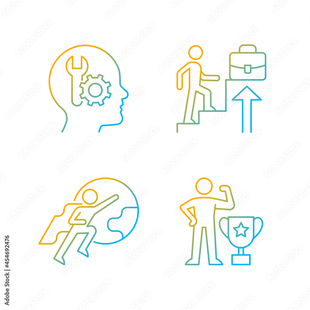 Motivation at work gradient linear vector icons set. Competence and ...