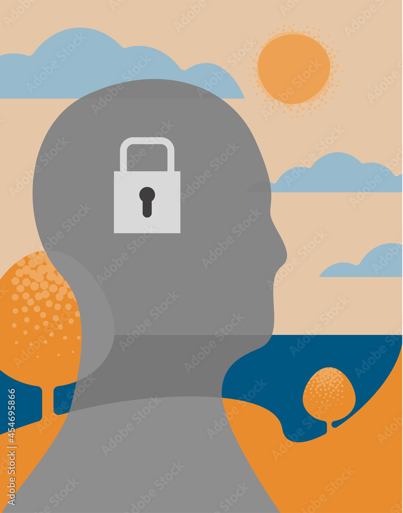 An illustration of a person with a lock inside their head depicting ...