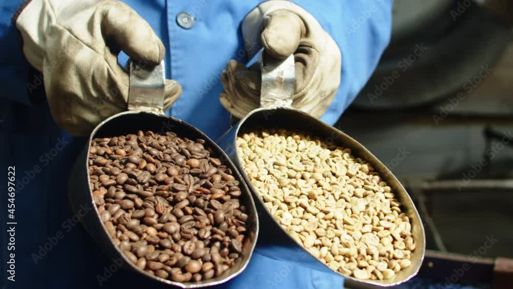 Slider of man holding cups with brown and green coffee beans. Worker in ...