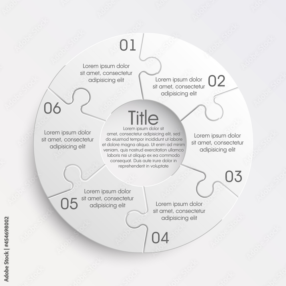 Puzzle six piece business round presentation. Circle puzzles infograph ...