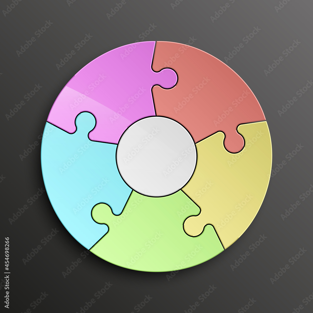 Puzzle five piece business presentation pictogram. Circle infograph. 5 ...