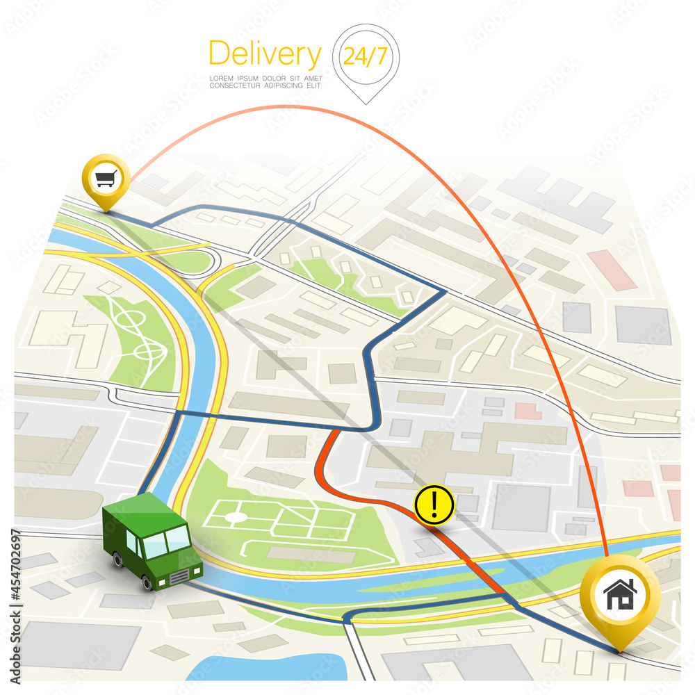 City map navigation delivery route, point markers delivery van, drawing ...