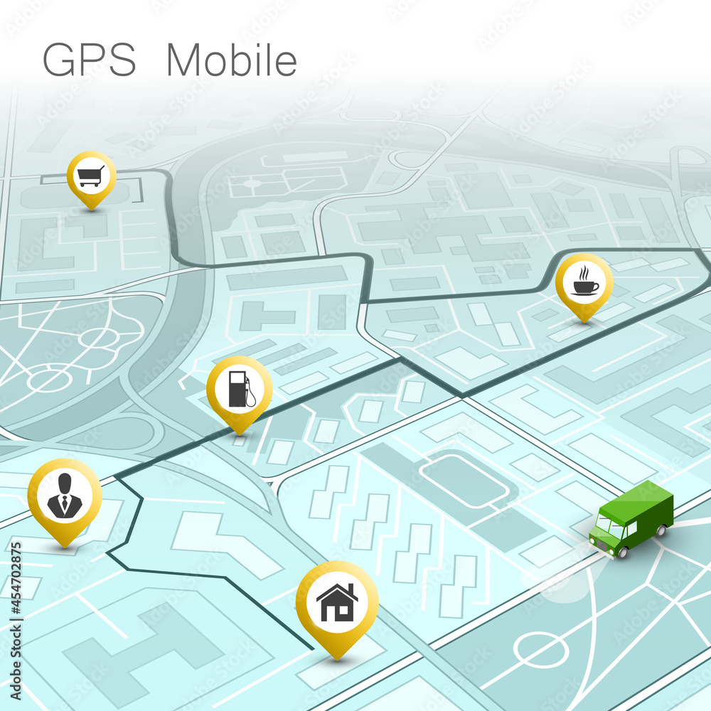 City map navigation route, point markers delivery van, isometry schema ...