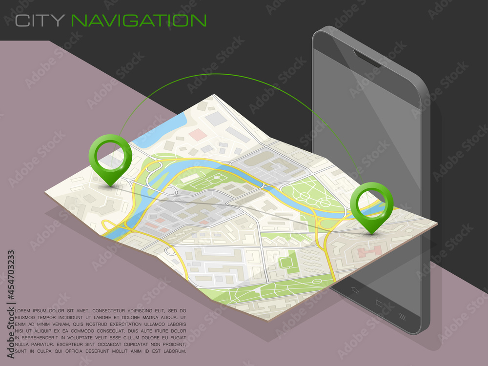 Isometric City map smartphone navigation, Isometry phone point marker ...