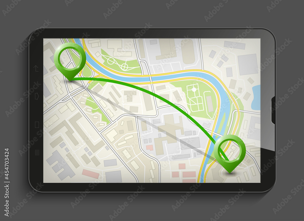 City map route navigation smartphone, phone point marker, application ...