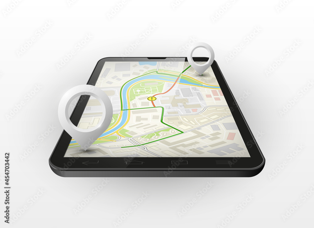 City map navigation 3d smartphone, phone point marker, app drawing ...