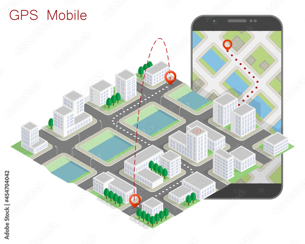 City map route navigation smartphone, phone point marker app drawing ...