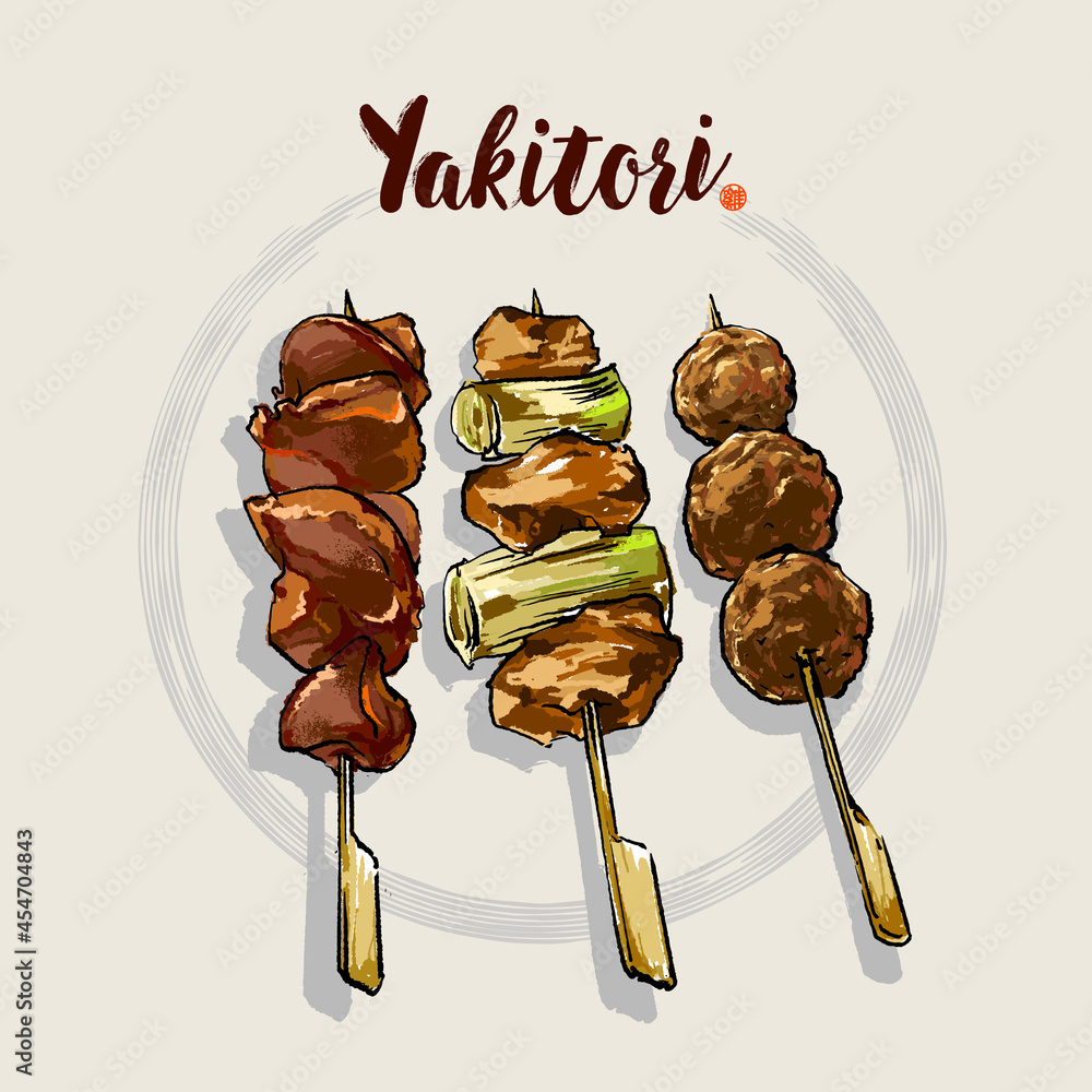 Poster Hand-drawn vector illustration of Japanese grill skewered ...