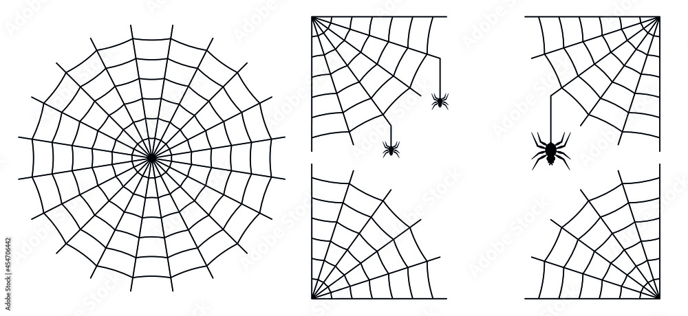 Halloween decoration. Black spiders hang on cobwebs. Round spider web ...