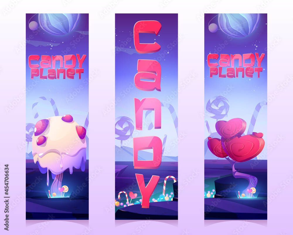 Candy planet vertical banners with unusual trees from cream and caramel ...