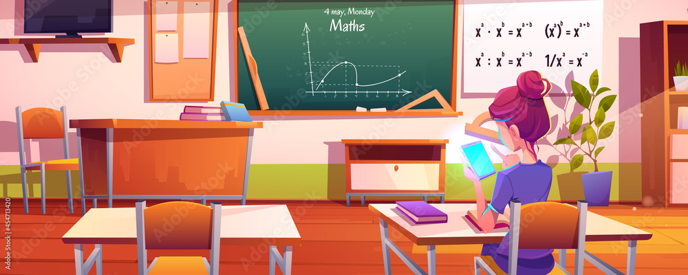 School girl with mobile phone in classroom. Vector cartoon illustration ...
