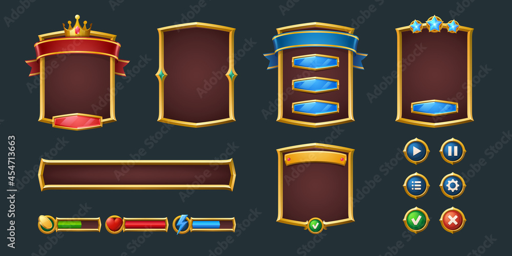 Set game frames and menu buttons cartoon interface. Empty borders with ...