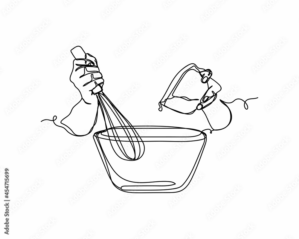 Continuous one line drawing of beautiful chef is mixing cream cooking ...