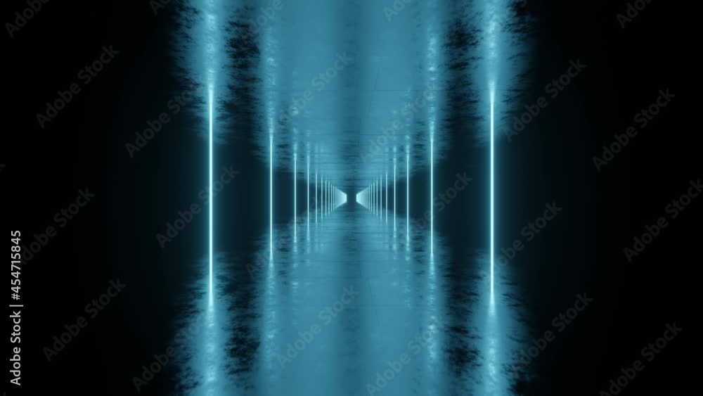 Vertical blue neon glowing lines with reflection on a concrete floor ...