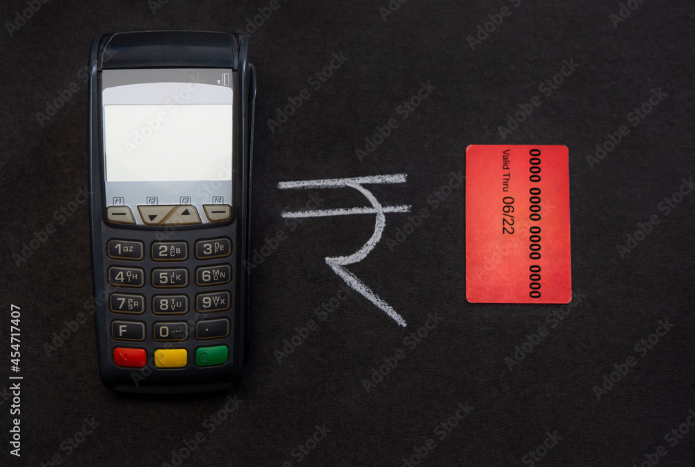Indian rupee sign,Credit card and Swipe machine together in a frame ...