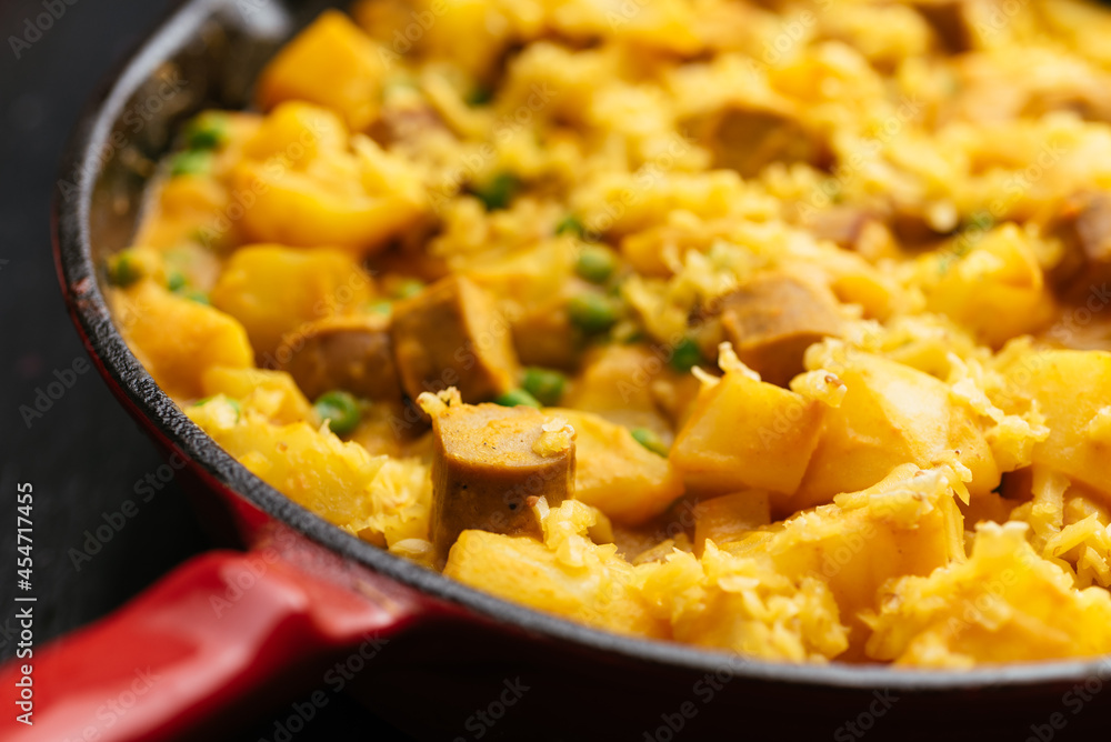 Vegan Hot Dog, Potato, Pea Dinner with a Cheesy Sauce Stock Photo ...