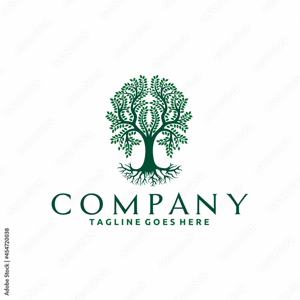 Green Tree of Life, Oak Banyan Leaf and Root Seal Emblem Stamp Logo ...