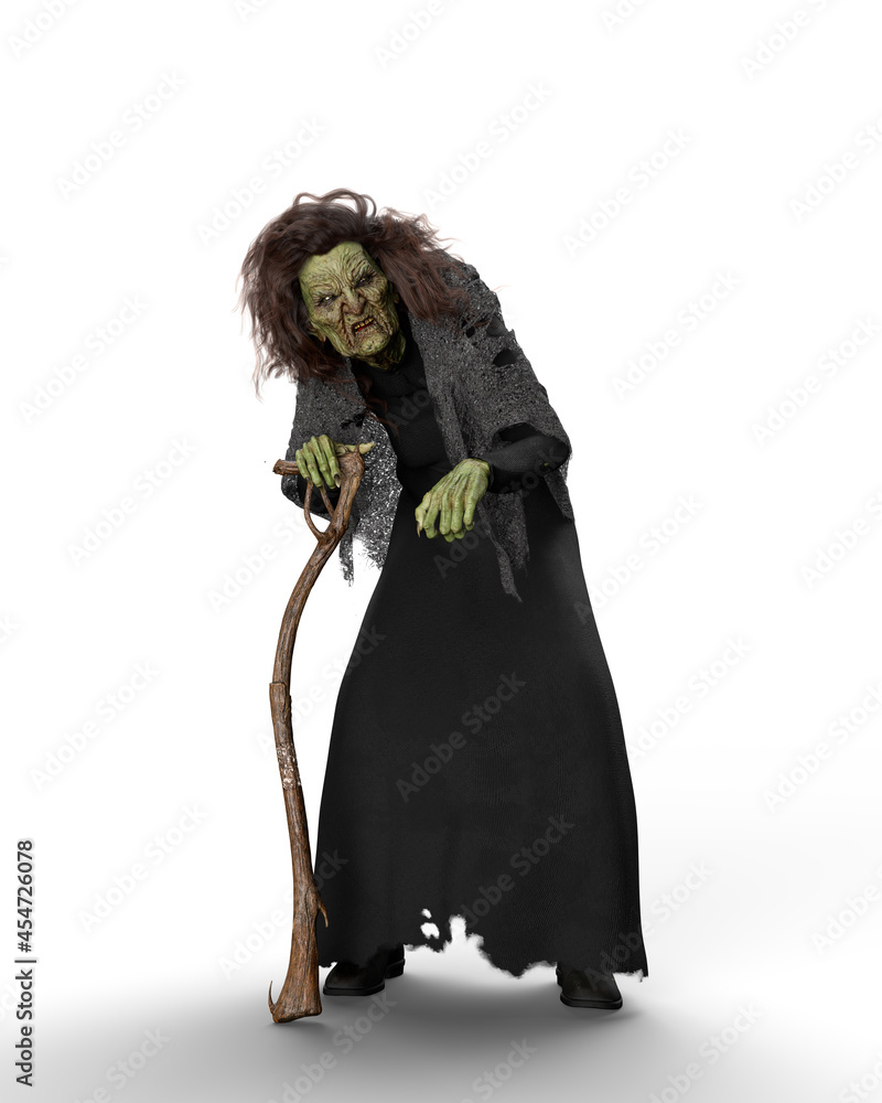 3D rendering of an old haggered Halloween witch in black dress leaning ...