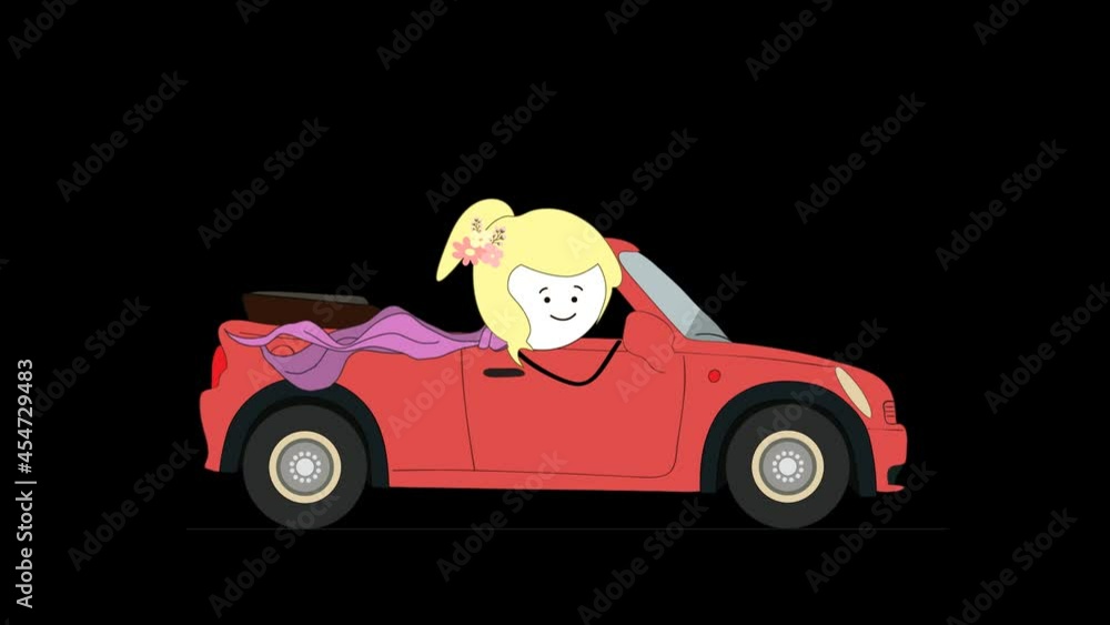 A funny girl in a red convertible rides through pits and bumps, cartoon ...