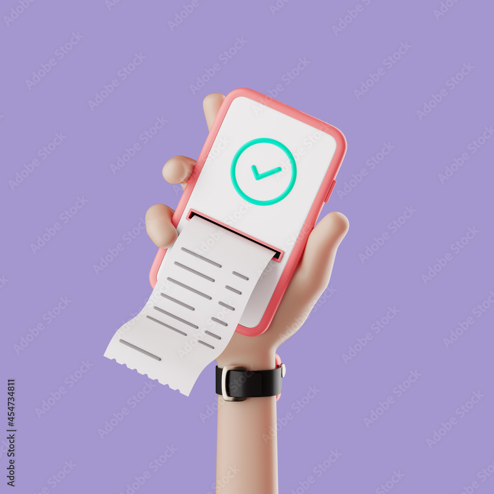 Cartoon hand hold smartphone with successful operation and paper check ...