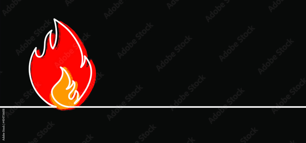 Cartoon, red, yellow, orange fire or flame pictogram. Fire drawn in one ...