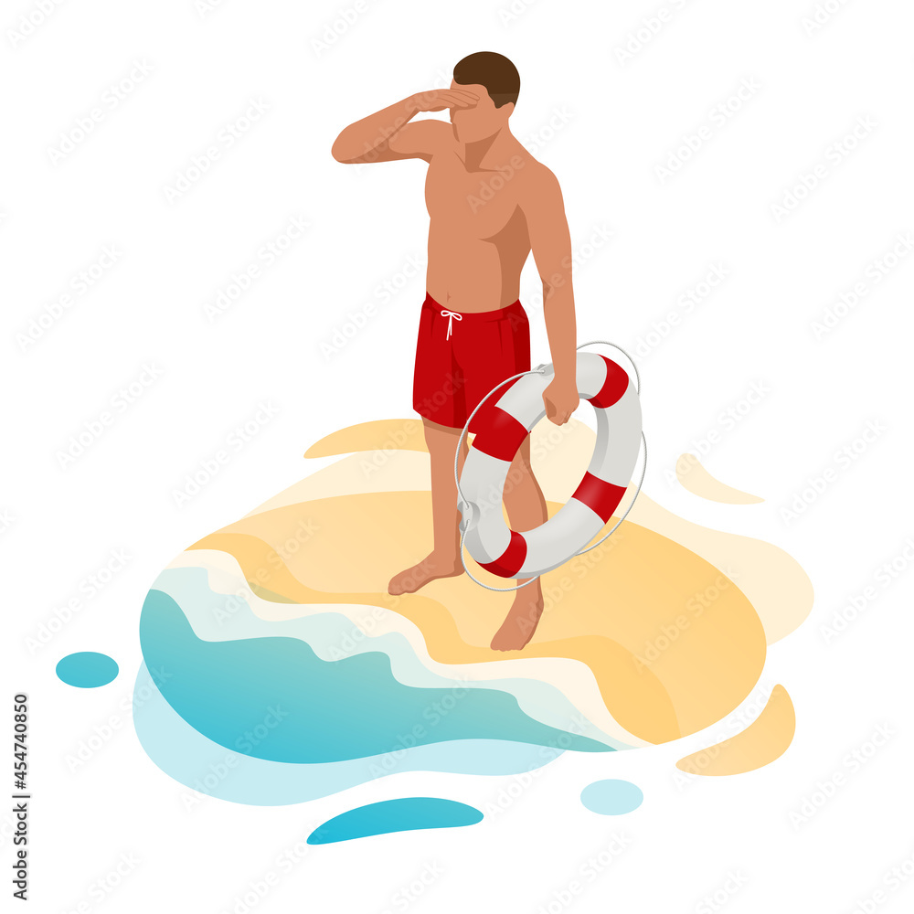 Isometric handsome male lifeguard with life buoy at sandy beach ...