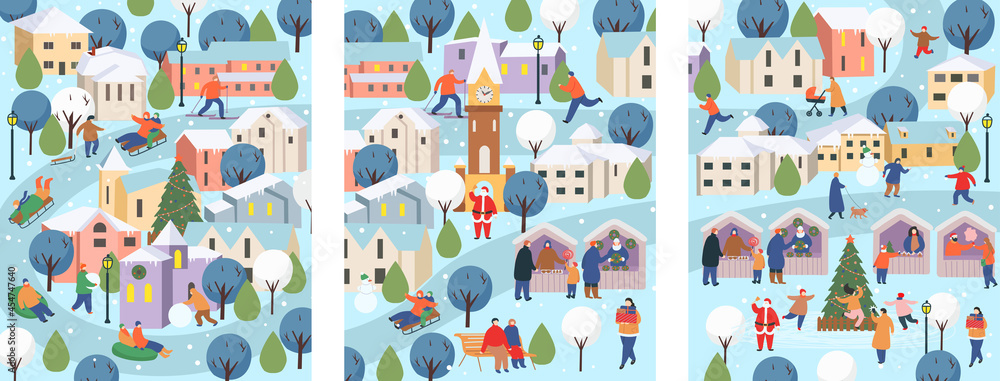 Winter city with people.Сhristmas in the park. Big set of people in ...