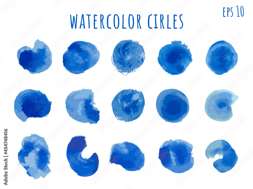 Vector illustration. Watercolor blue paint spot collection. Circle spot ...