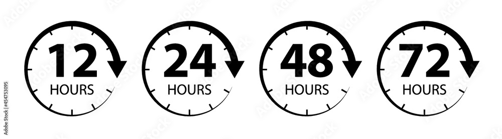 12, 24, 48 and 72 hours clock arrow. symbol work time, isolated on ...