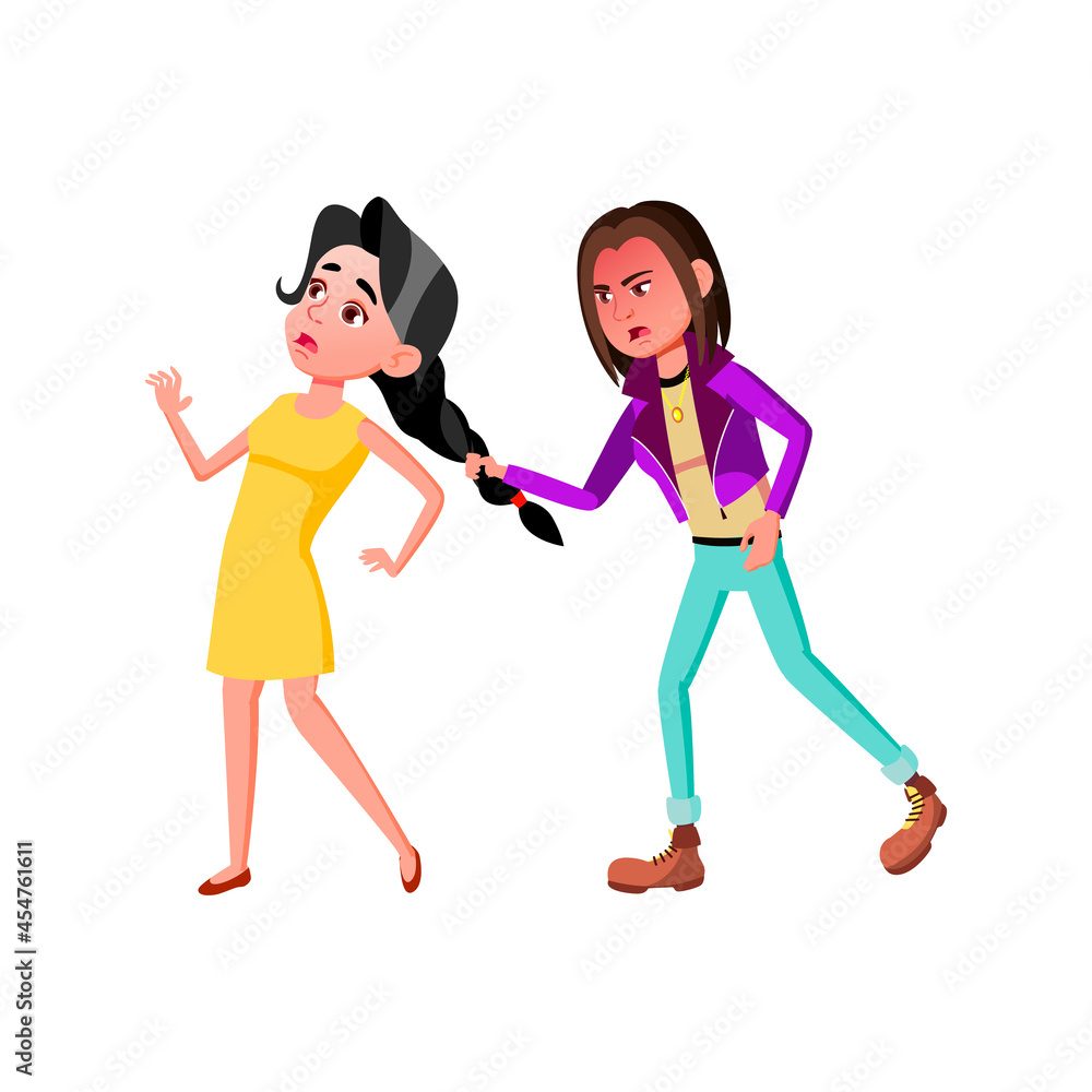 Girl Pulling Teen Pigtail With Aggression Vector. Angry Negative ...