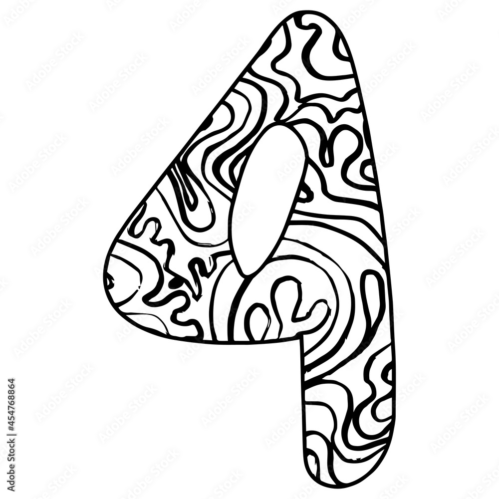 Zentangle stylized alphabet - number 4. vector illustration Black white ...