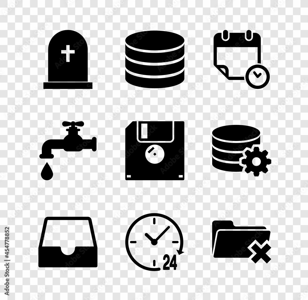 Set Tombstone with cross, Database, Calendar and clock, Social media inbox, Clock 24 hours and ...