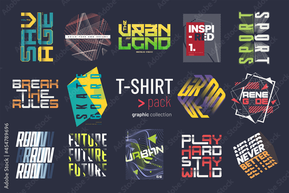 Collection of fourteen colorful vector t-shirt graphic designs, prints ...