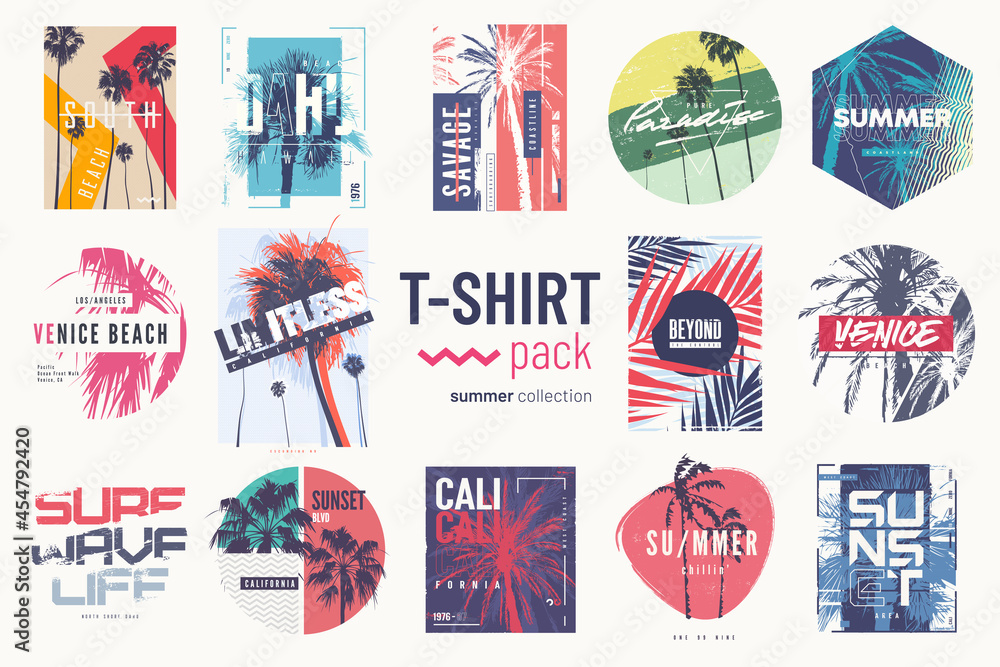 Collection of fourteen colorful vector t-shirt summer designs, prints ...