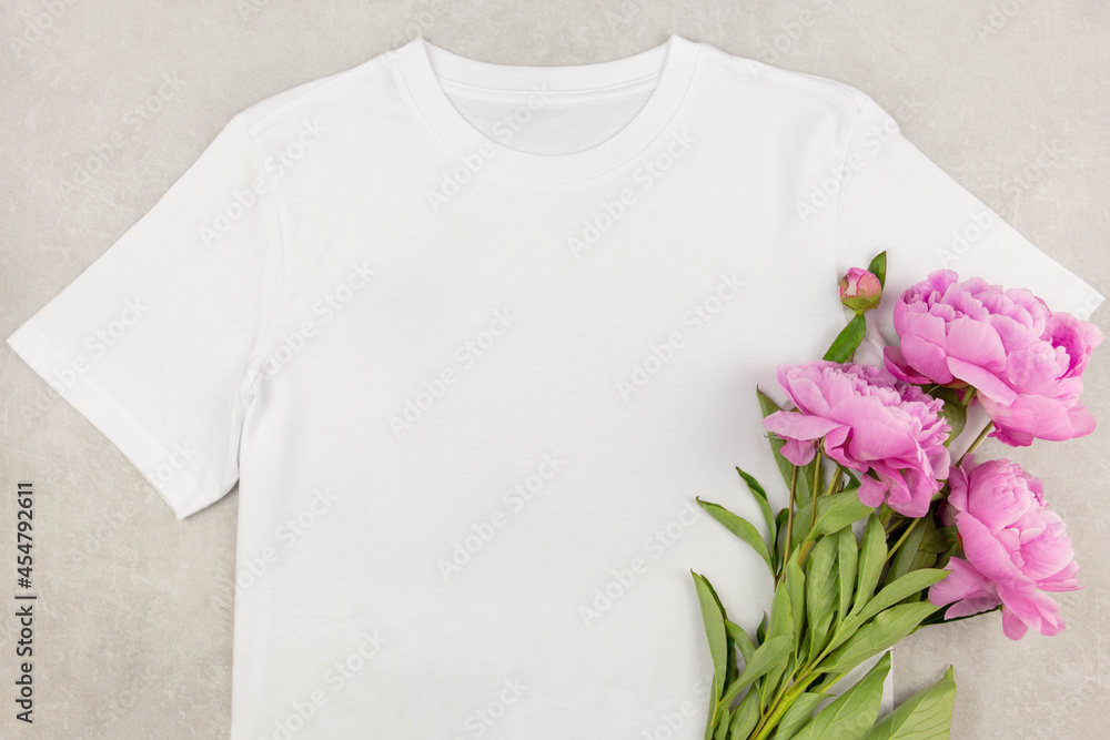 White Womens Cotton T Shirt Mockup With Pink Peony Flowers On Gray