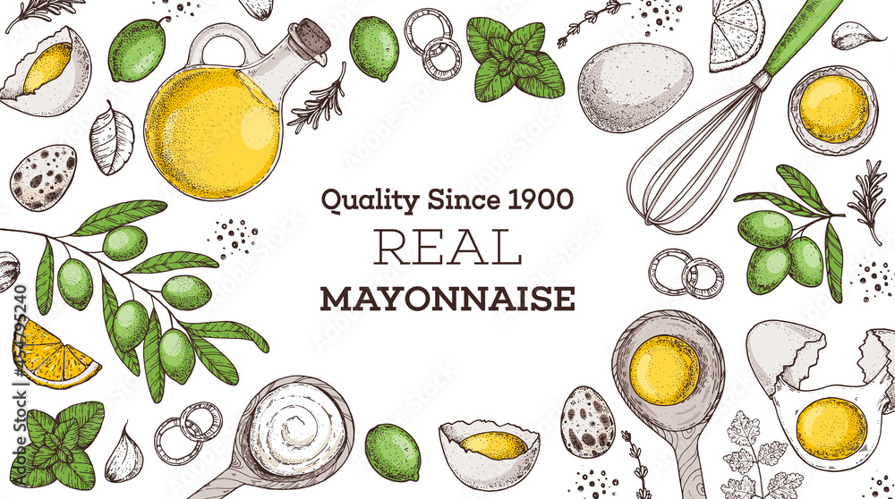 Mayonnaise sauce cooking and ingredients frame. Hand drawn vector ...