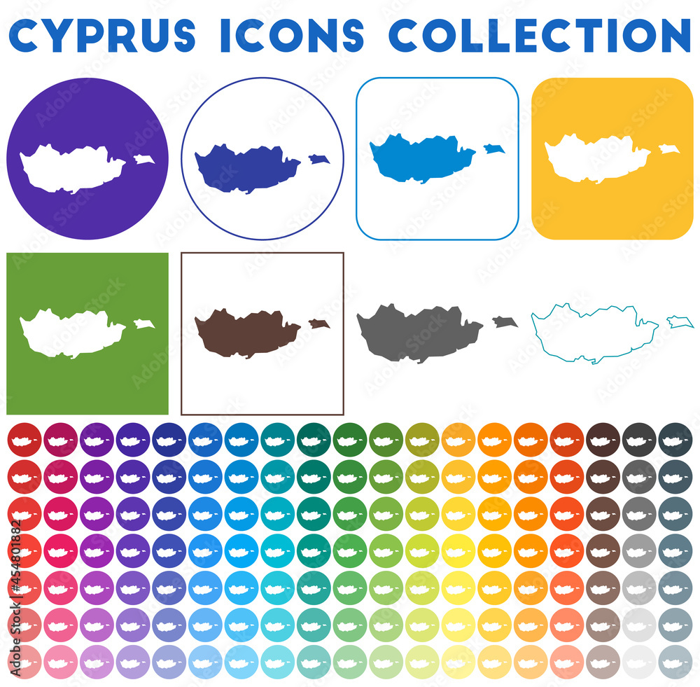 Cyprus icons collection. Bright colourful trendy map icons. Modern ...