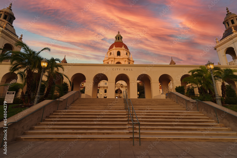 The east arcade and towers of the Pasadena City Hall, a landmark in ...