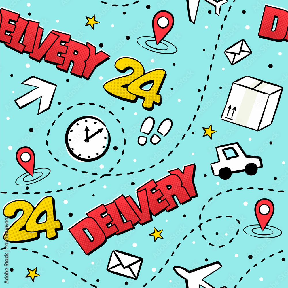 Pop art Delivery pattern. Comic elements with navigation, stars and car ...