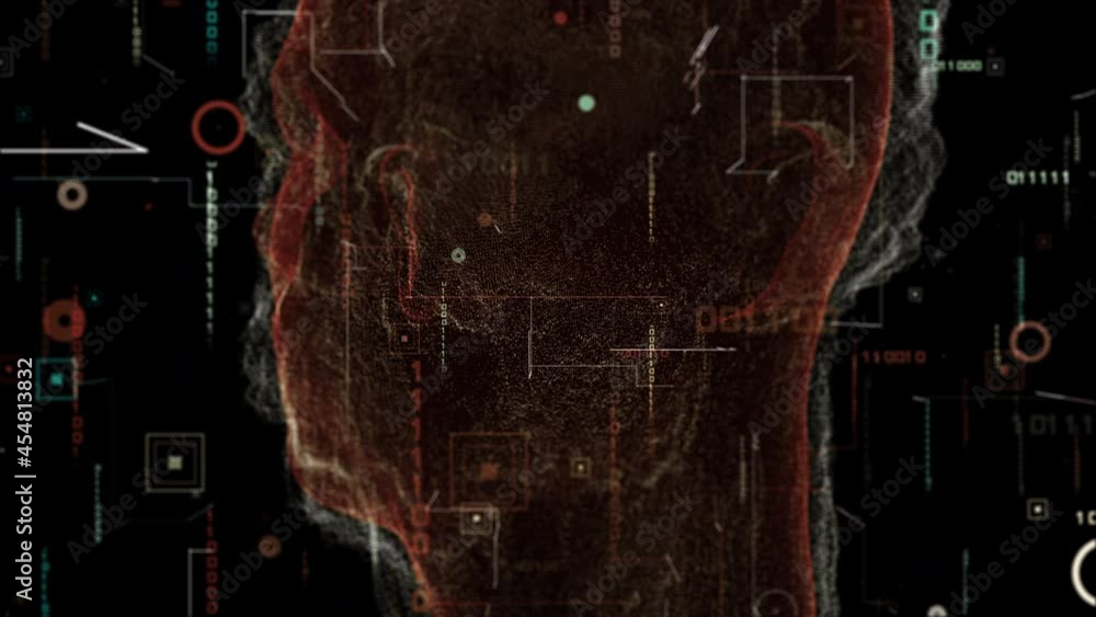 Digital binary code background and Virtual face. Fly through abstract ...