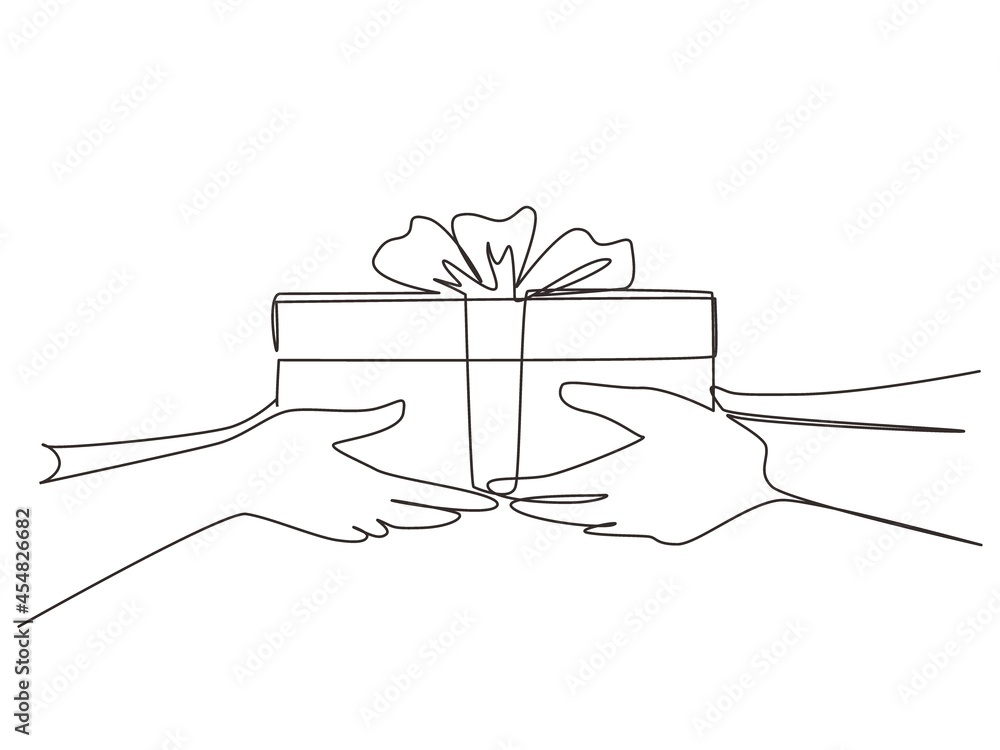 Single continuous line drawing couple holding packaged present together ...