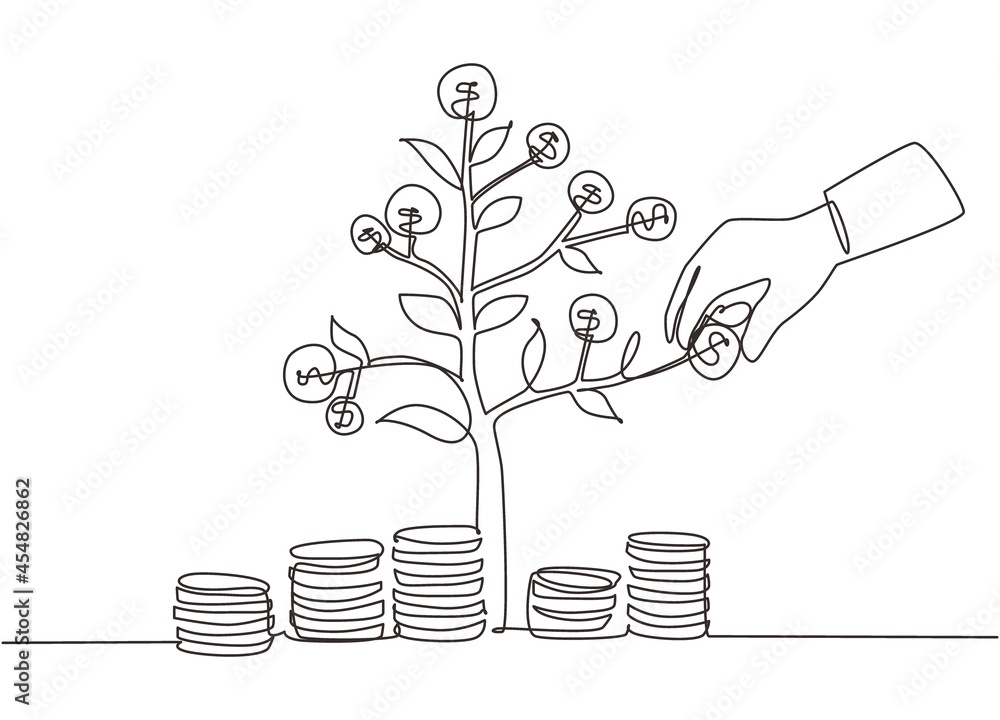 Single continuous line drawing businessman hand pick up coin from ...