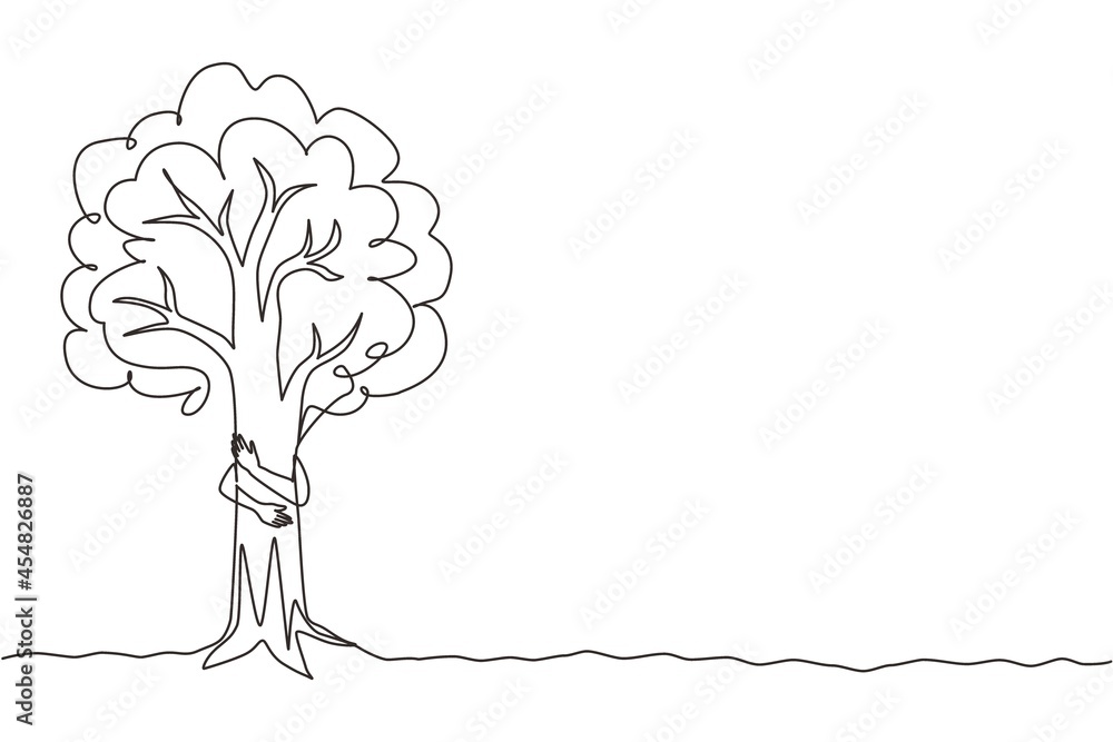 Single one line drawing man hugging tree in park. Symbol of loving ...