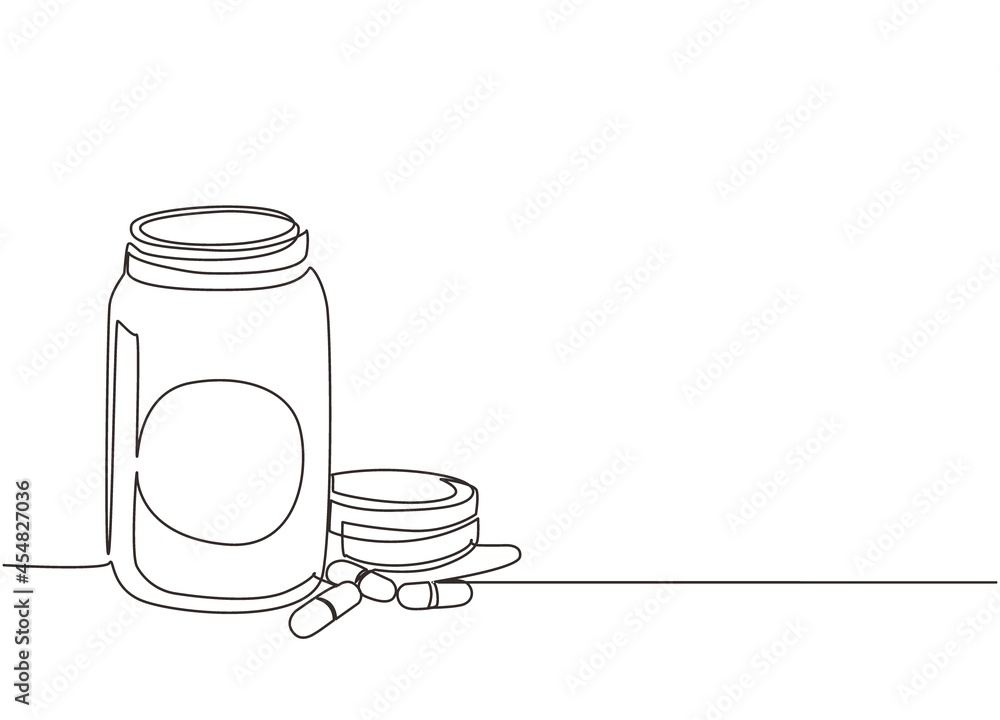Single continuous line drawing pill bottle. Medical capsules container ...