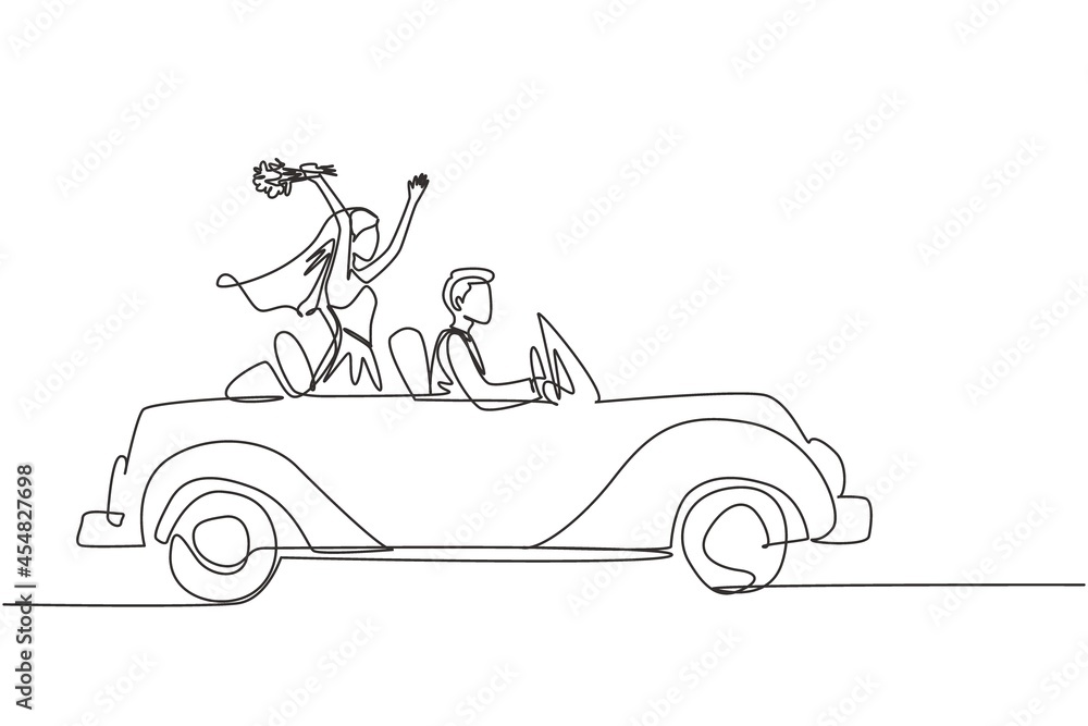 Single one line drawing newly married couple groom in vehicle. Happy ...