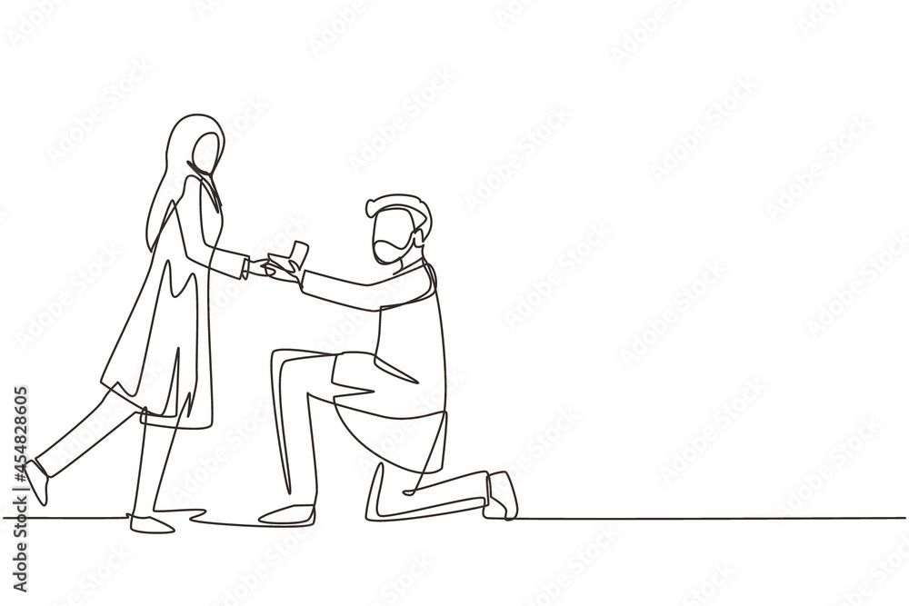 Single one line drawing Arab man kneeling offering engagement ring to ...